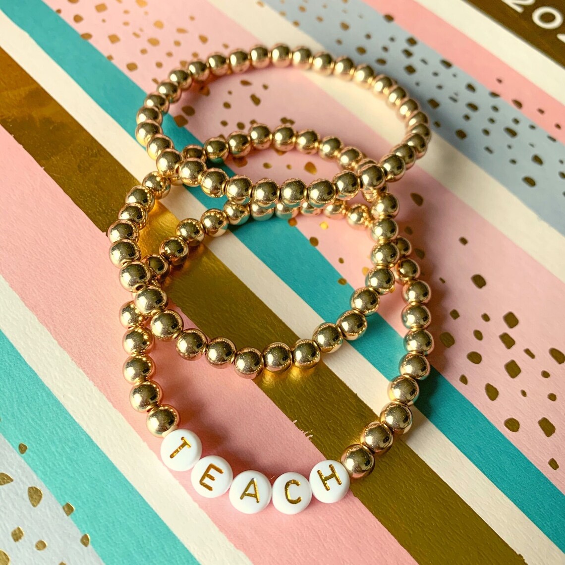 Teacher Bracelet Teach Bracelet Gold Beaded Bracelet Set | Etsy