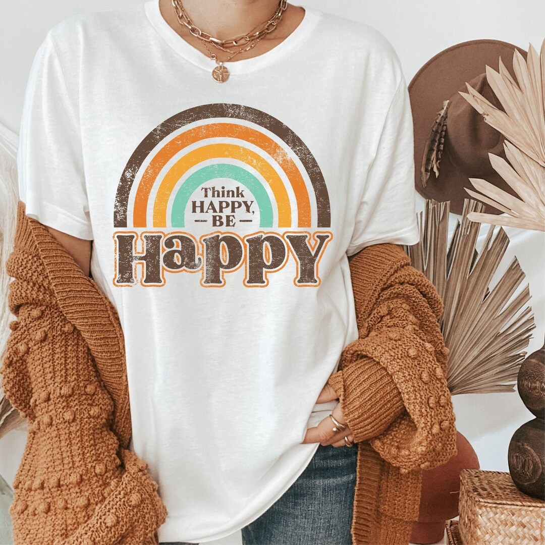 Retro Think Happy Be Happy Shirt, Womens Tshirts Trendy, Graphic Tees ...