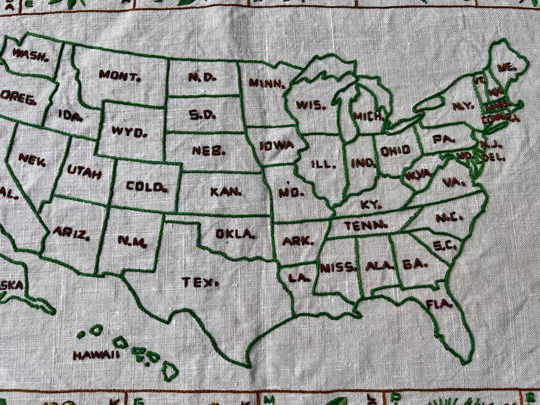 RARE French Vintage Needlepoint of USA Map Hand Stitched With All State ...