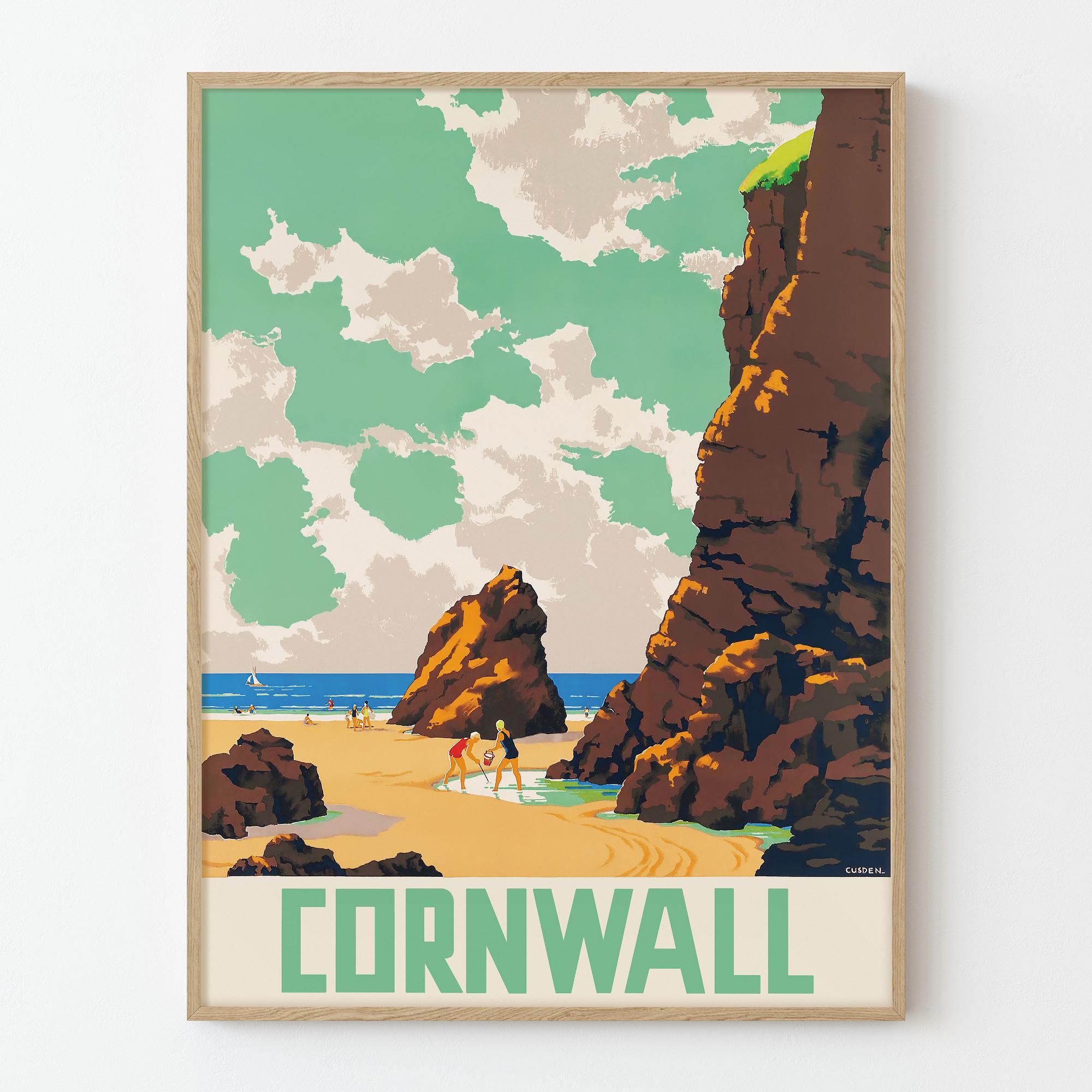 Vintage Cornwall Travel Poster Print, British Seaside Beach Coastal ...
