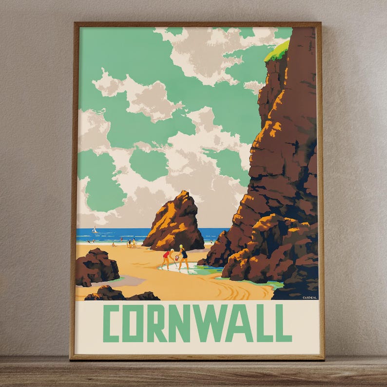Vintage Cornwall Travel Poster Print, British Seaside Beach Coastal ...