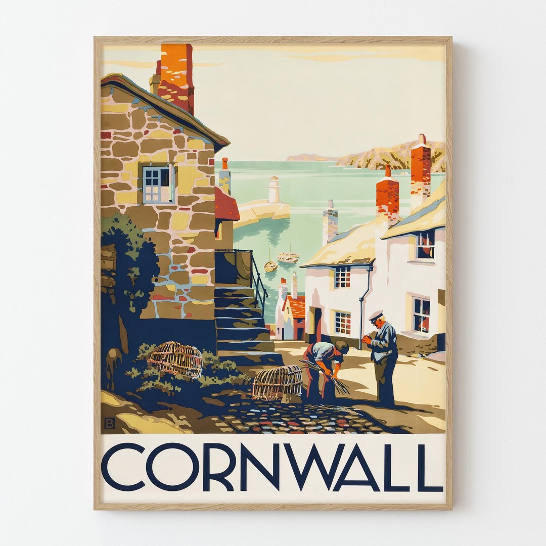 Vintage Cornwall Travel Poster Print, Coastal Harbour Village Retro ...