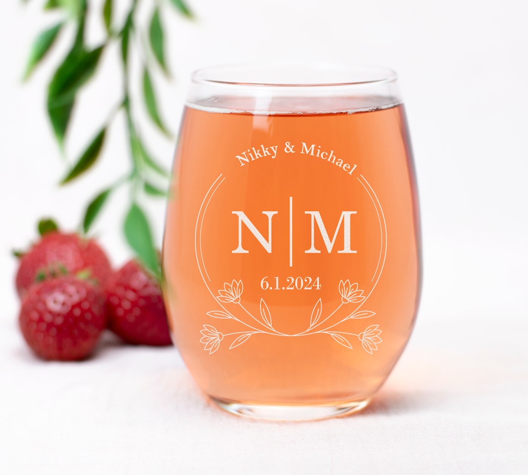 Custom Wine Glass With Names, Initials & Date, Laser Engraved Romantic ...