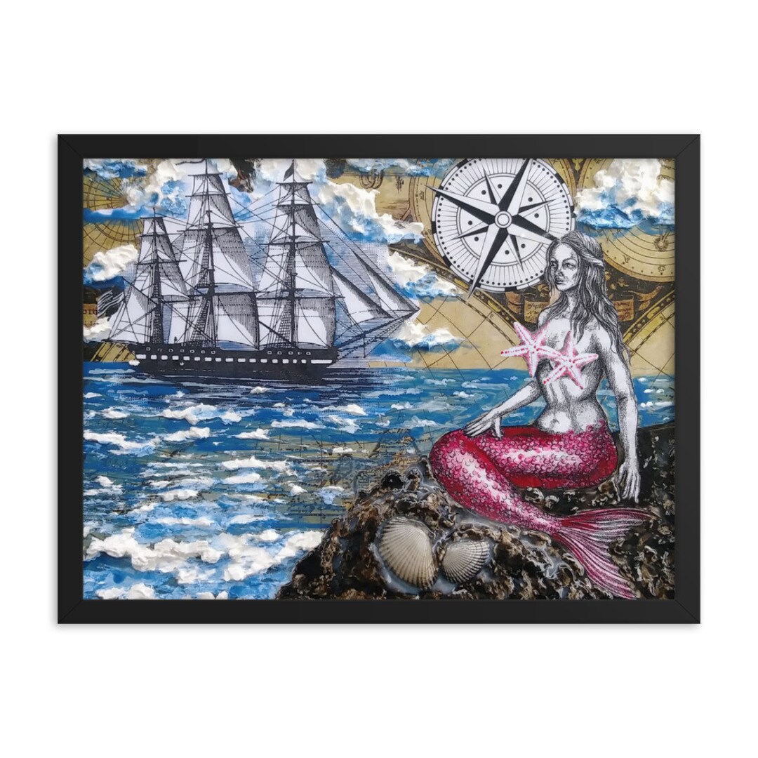 Mermaid & Compass Framed Poster, Handmade Artwork, Mermaid, Nautical ...
