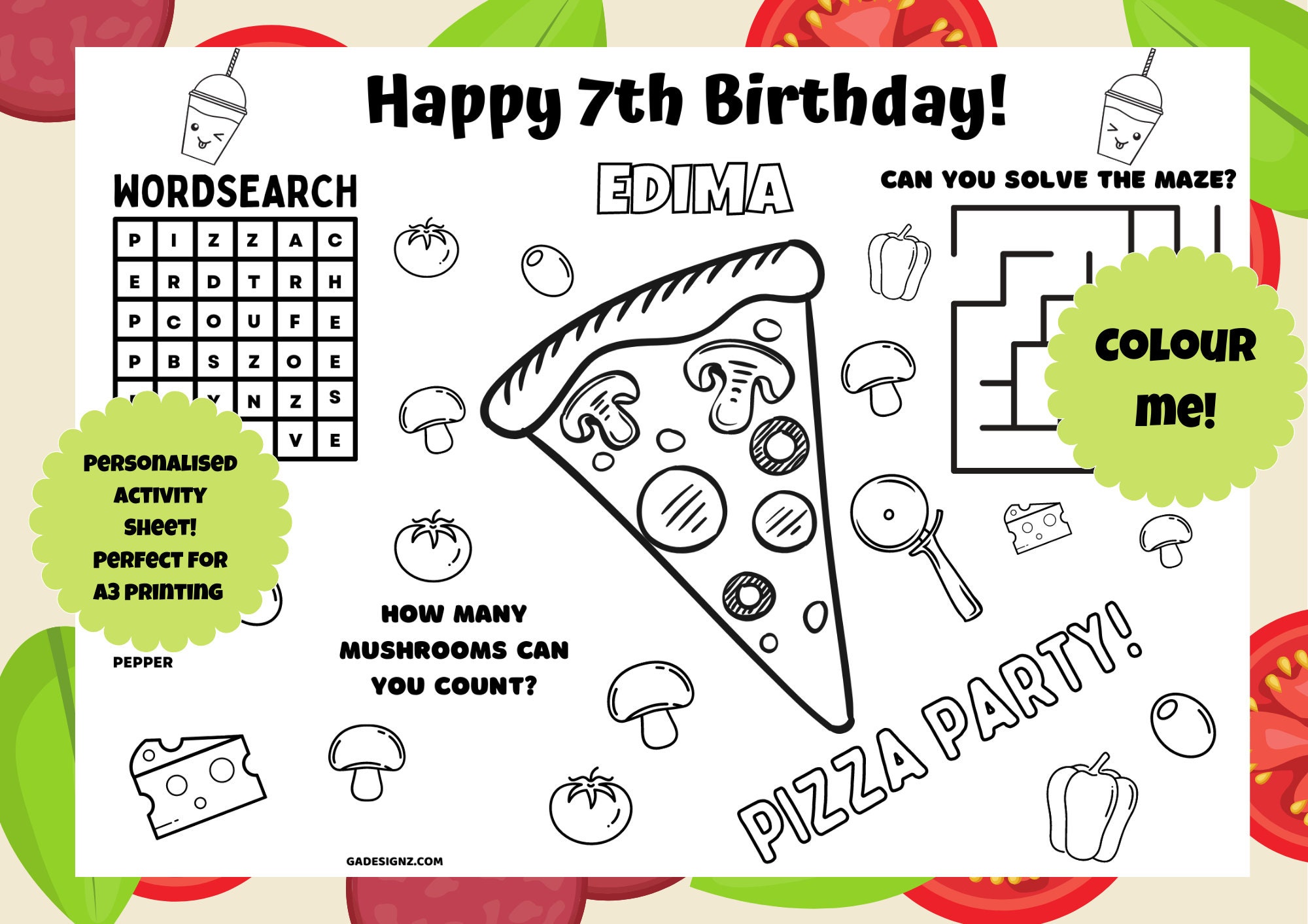 Personalised Pizza Party Activity Page | Party Game | Birthday Sheet ...