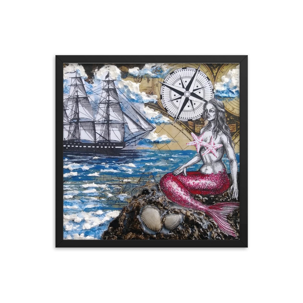 Mermaid & Compass Framed Poster Handmade Artwork Mermaid - Etsy