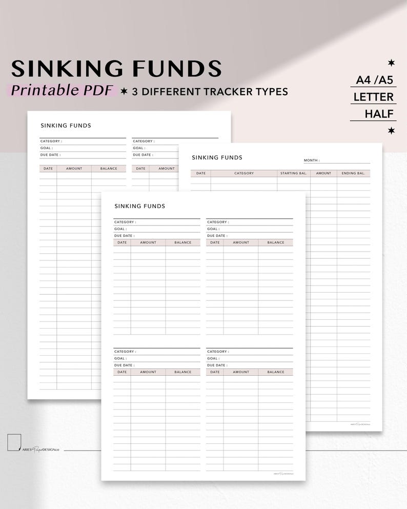 Printable Sinking Funds Tracker | One Page Vertical Savings Planner (3 ...