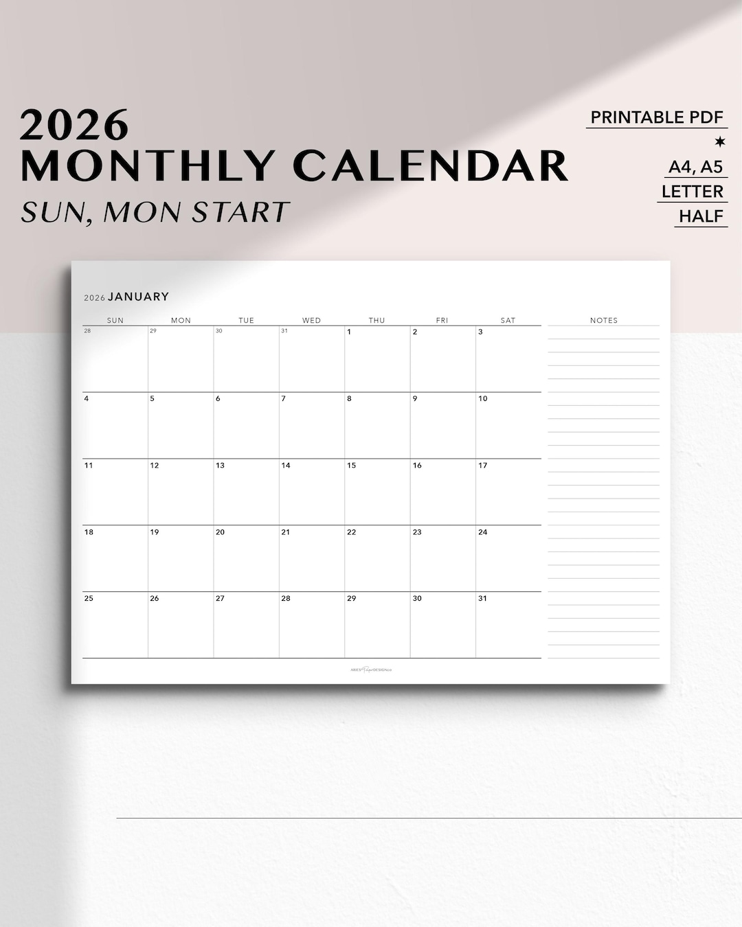 2026 Monthly Calendar Template: Printable A4, Letter A5 and Half Size ...
