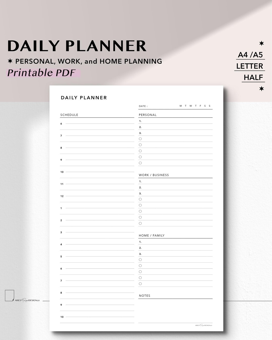 Printable Daily Planner | Undated Daily Page | Minimal Planner (PDF ...