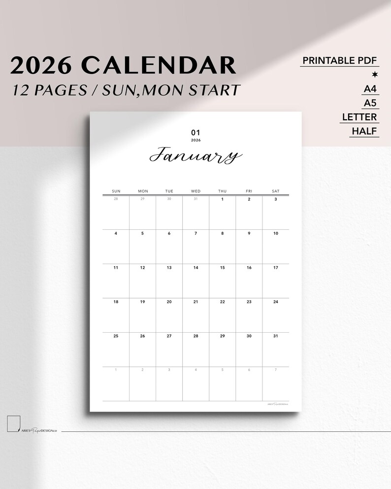 2026 Monthly Calendar Template: Printable A4, Letter A5 and Half Size ...