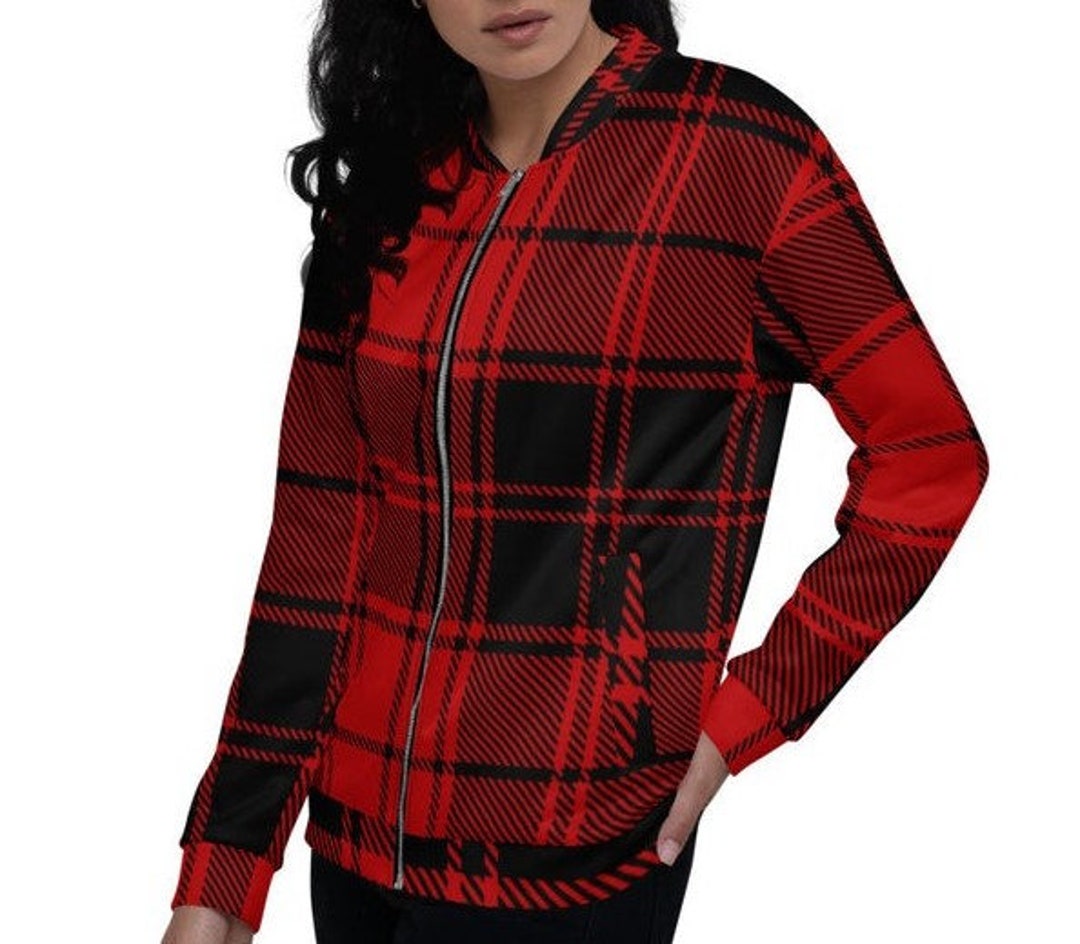 Red BUFFALO PLAID Unisex Bomber JACKET Zippered Hoodie Trendy Zip up ...