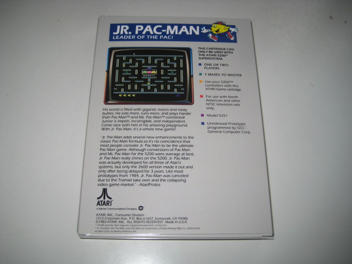 Jr. Pac-man (box for the Atari 5200 Game) - Etsy
