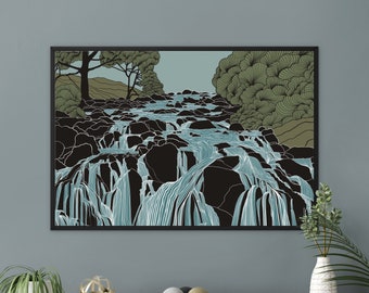 Limited Edition Print of an Original Line Drawing of Swallow Falls ...