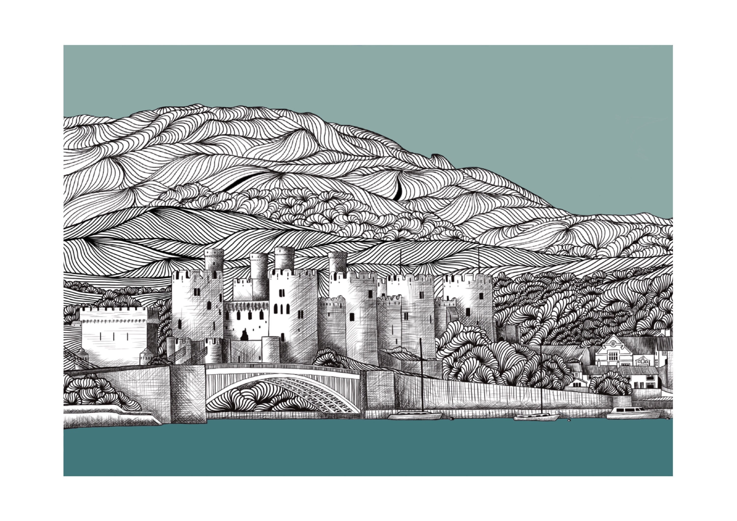 Limited Edition Print of an Original Line Drawing of Conwy Castle by ...