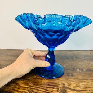 Fenton Colonial Blue Compote, Thumbprint Blue Glass Compote,slag Glass ...