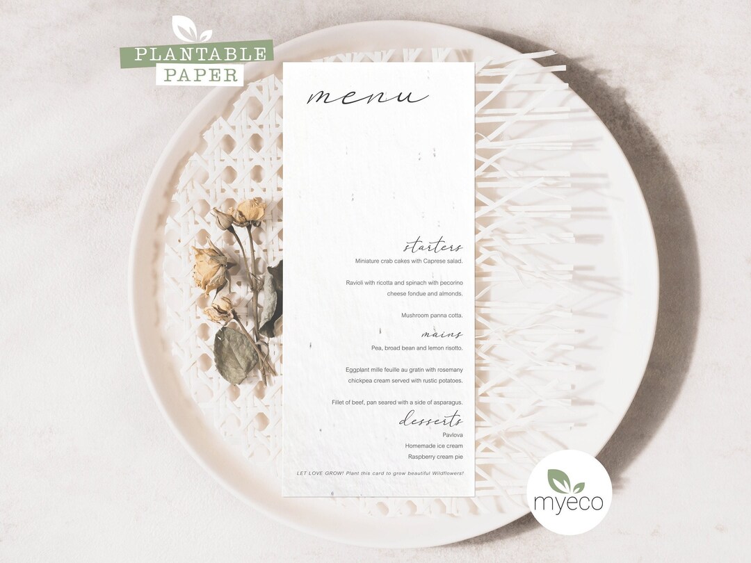 Seeded Paper Menu Card, Simple Wedding Menu, Minimal Plantable Menu ...