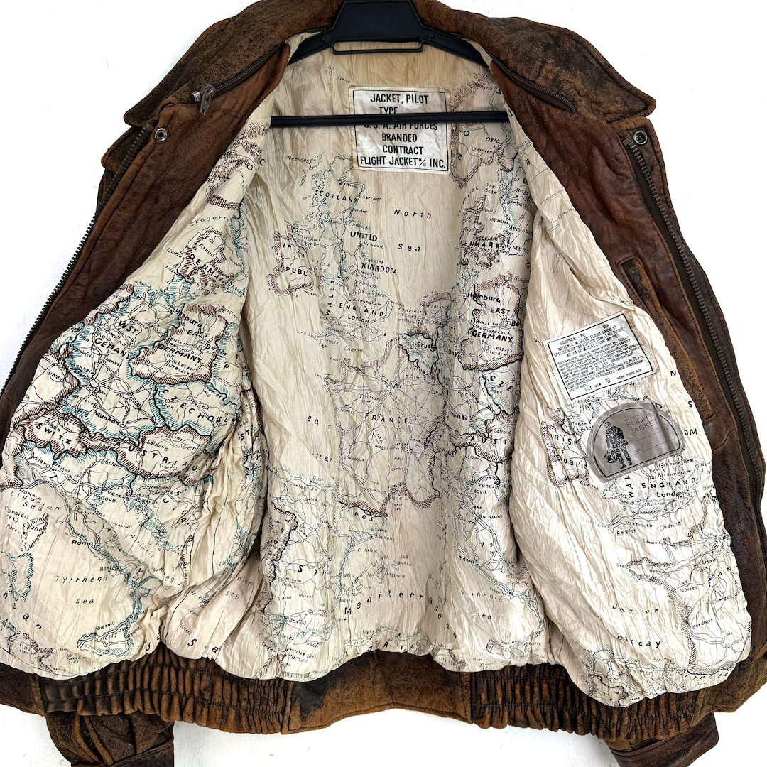 Vintage USA Air Force Pilot Flight Leather Jacket World Map Inner Mr ...