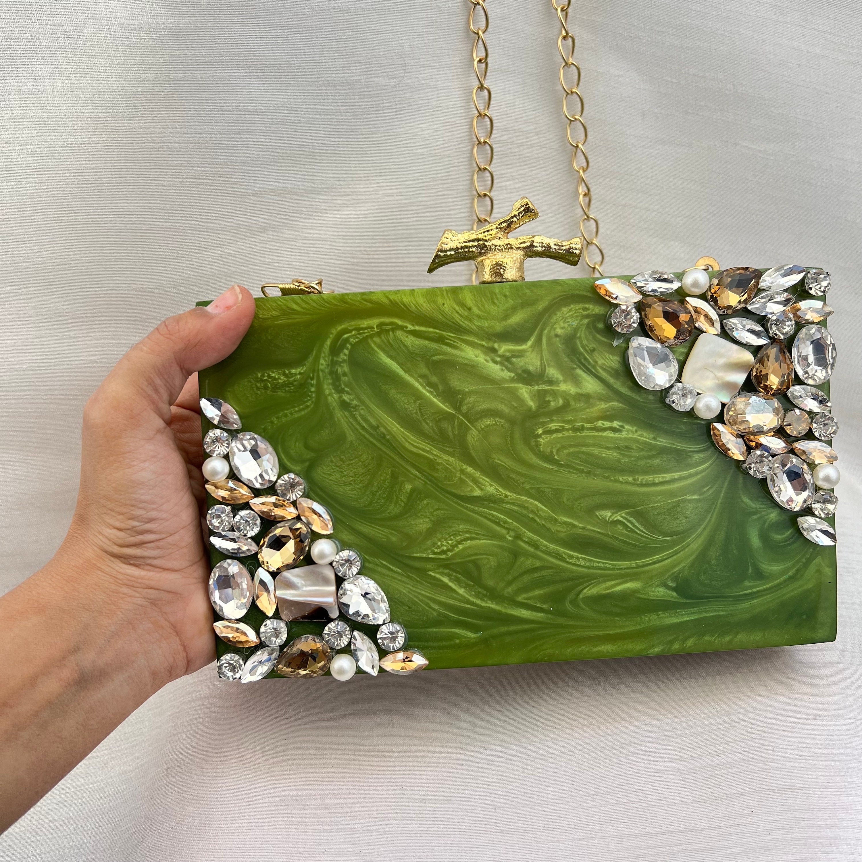 Green Marble Art Resin Clutch |evening Party Bag| Women Sling Rectangle ...