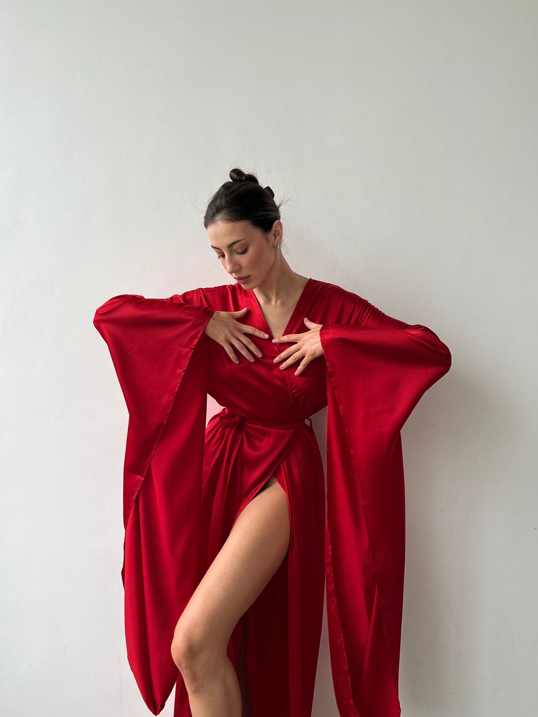 Silky Goth Robe Gothic Robe Red Silk Robe Long Women's Robe Wedding ...