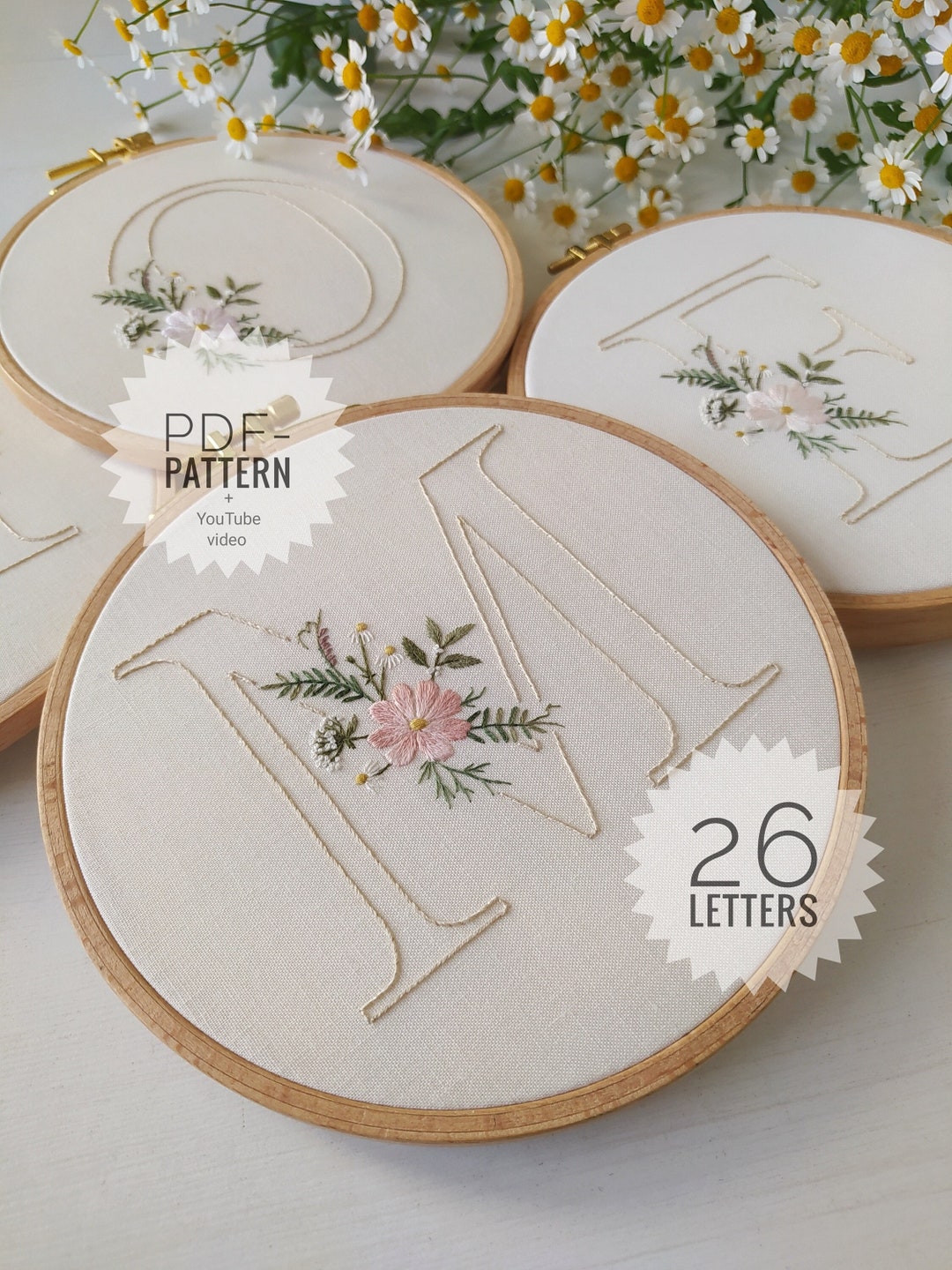 Floral Alphabet 26 Letter Embroidery Pattern + Video Tutorial, Floral ...