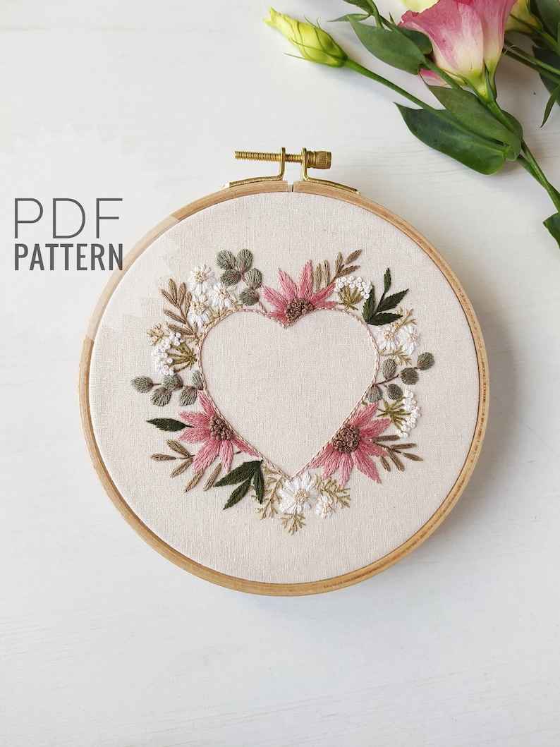Flower Heart Embroidery Pattern: Botanical Floral Ornament and Design ...