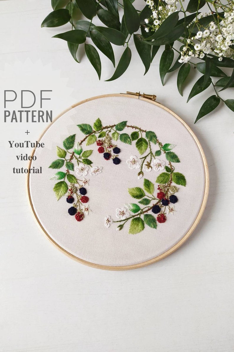 Blackberry Wreath Embroidery Pattern: Floral Design (PDF + Video) - Etsy