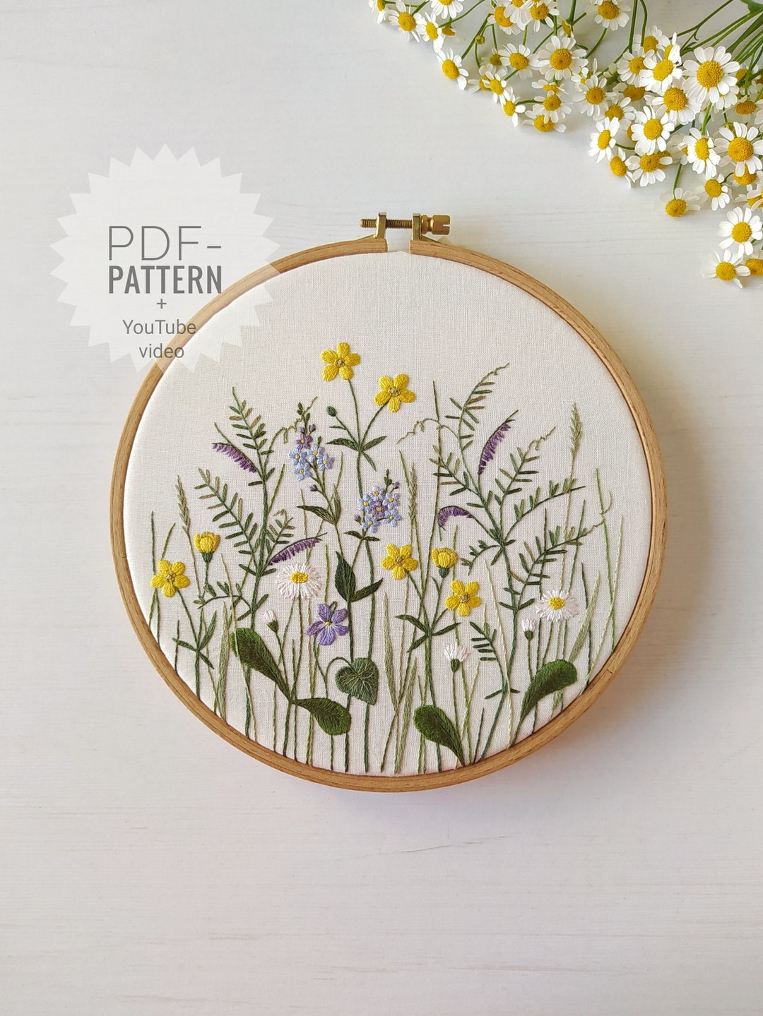 Floral Meadow Embroidery Pattern Pdf + Video Tutorial, Floral Pattern ...