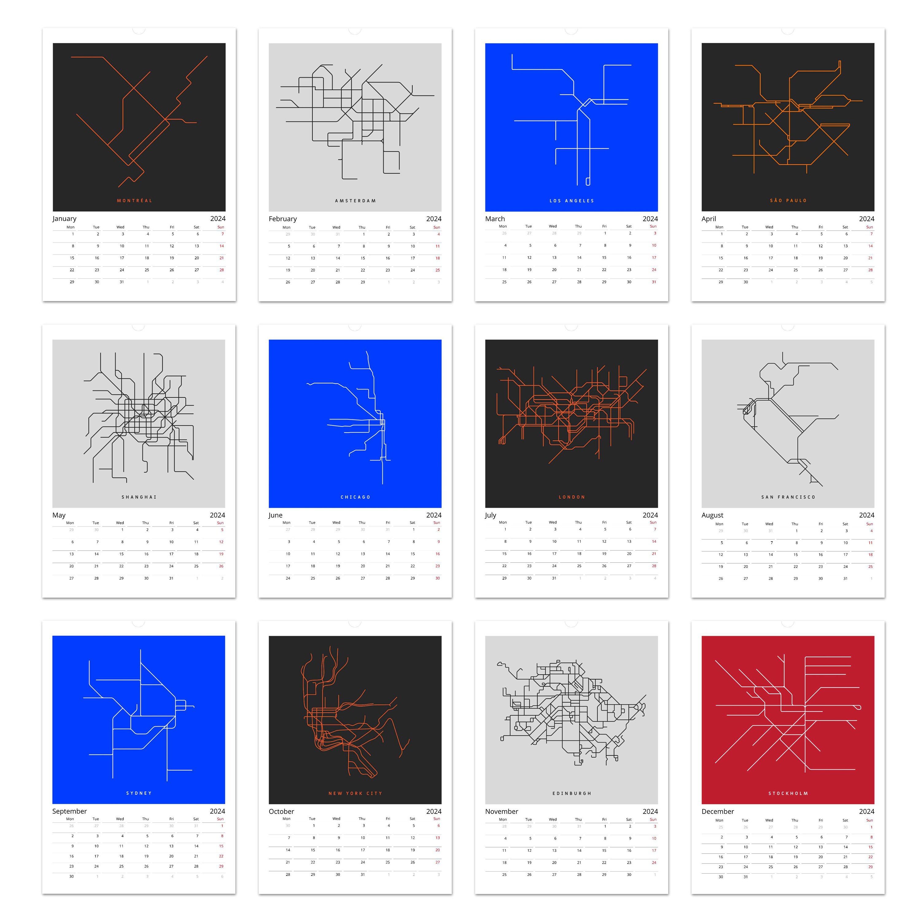 2024 Wall Calendar / Maps / Metro / Transit / World / Cities / Monthly ...