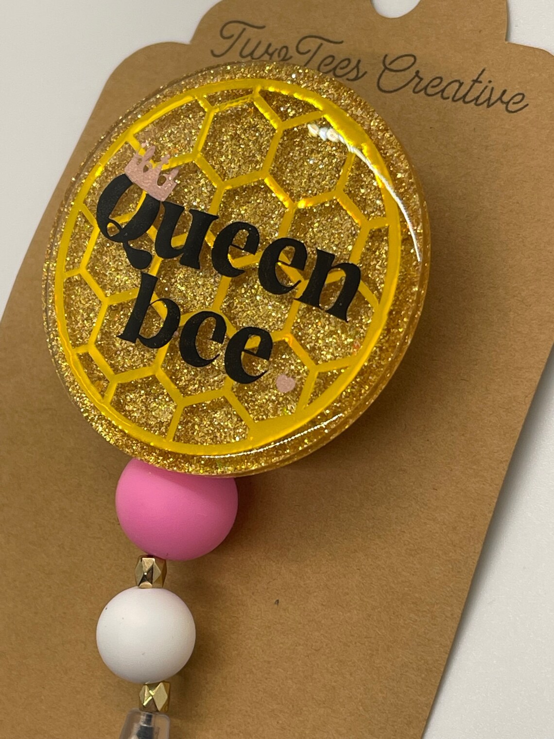 Queen Bee Retractable Badge Reel, Glitter Acrylic UV Resin, Gold, ID ...