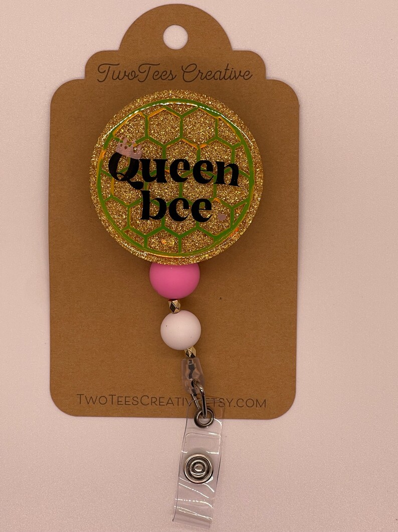 Queen Bee Retractable Badge Reel, Glitter Acrylic UV Resin, Gold, ID ...