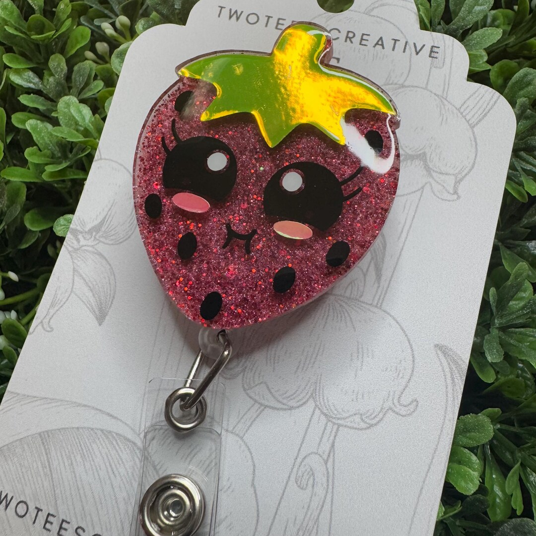 Cheeky Strawberry Kawaii Retractable Badge Reel. UV Resin, Glitter ...