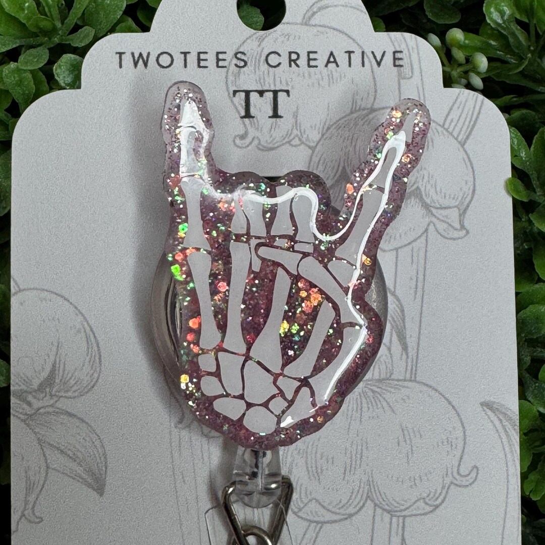 Peace Out Skeleton Pink Glitter Retractable Badge Reel. UV Resin ...