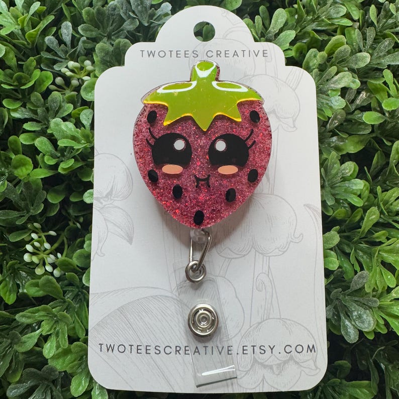Cheeky Strawberry Kawaii Retractable Badge Reel. UV Resin, Glitter ...