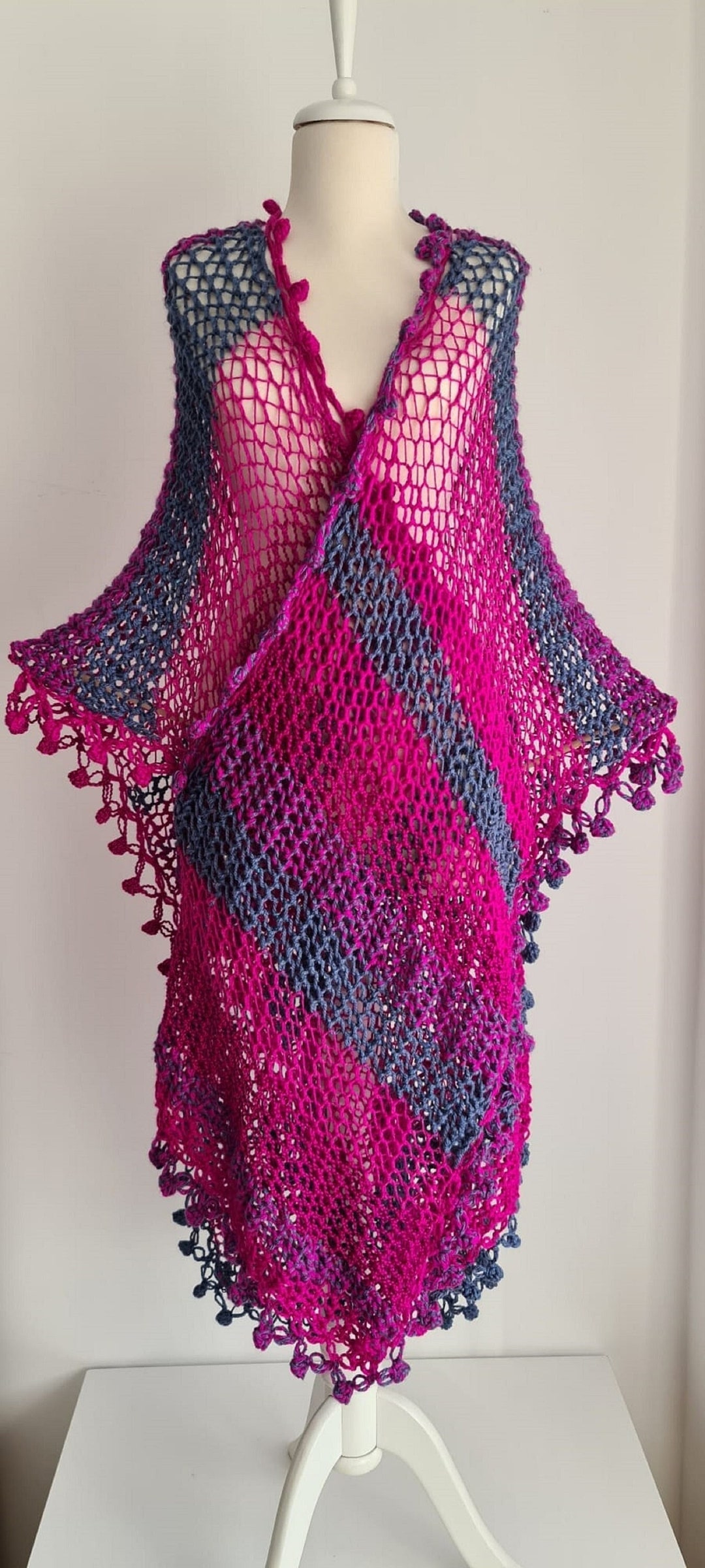 Bright Pink Wool and Linen Poncho ,fuchsia Knit Winter Boho Poncho ...