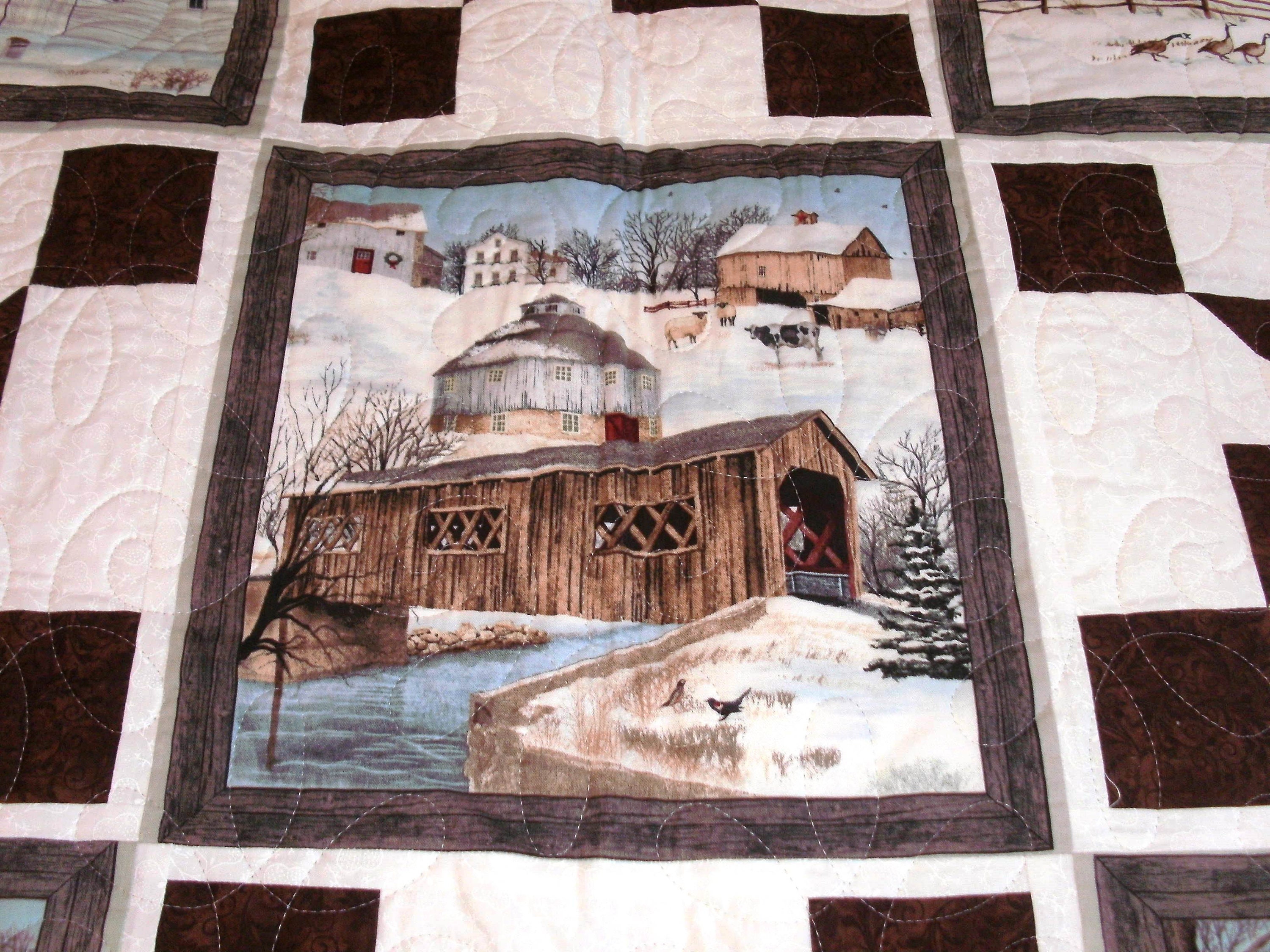 Barn & Covered Bridges Quilt, Farm Life Bedspread, Lovely Quilt, Winter ...