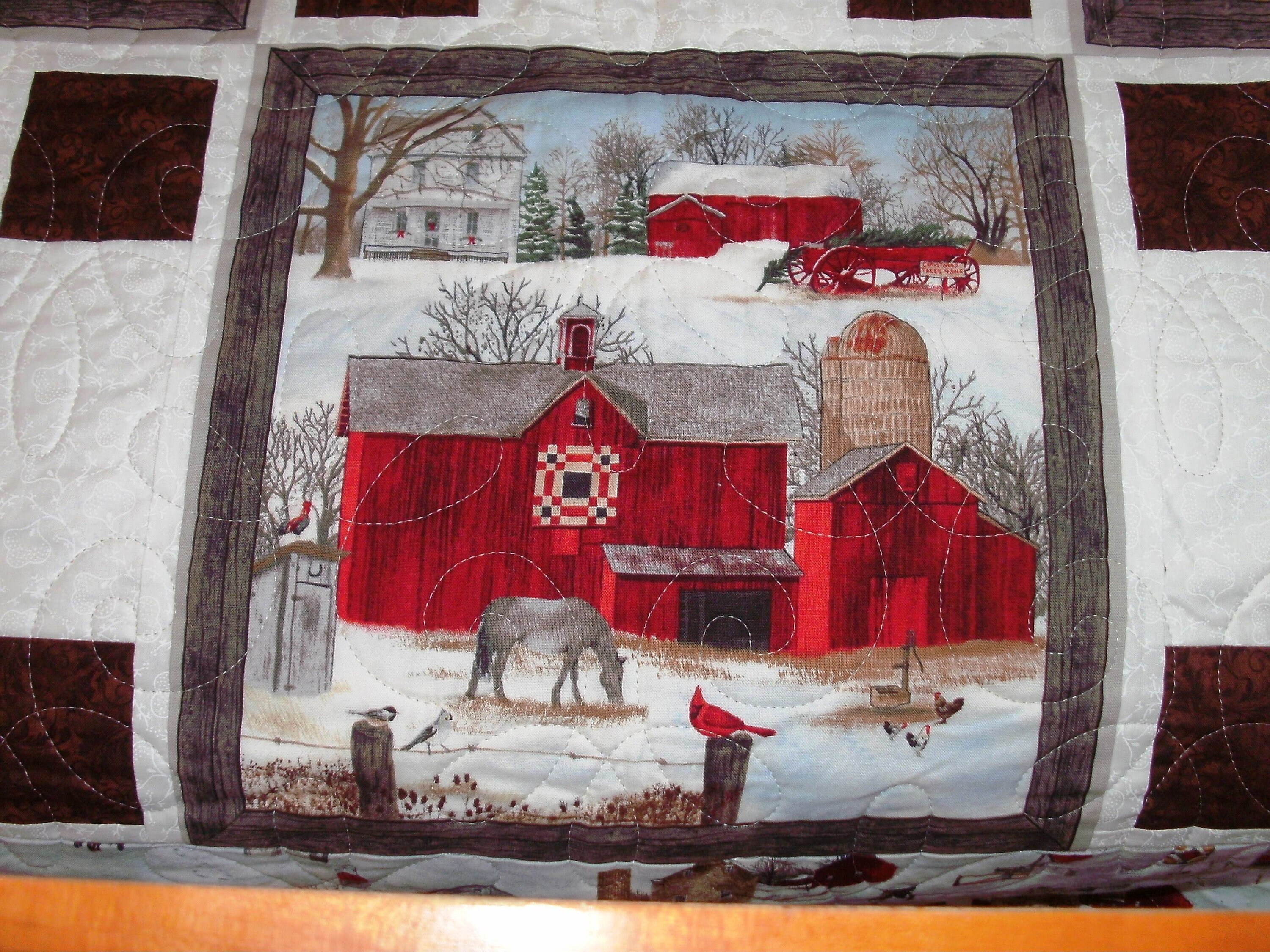 Barn & Covered Bridges Quilt, Farm Life Bedspread, Lovely Quilt, Winter ...