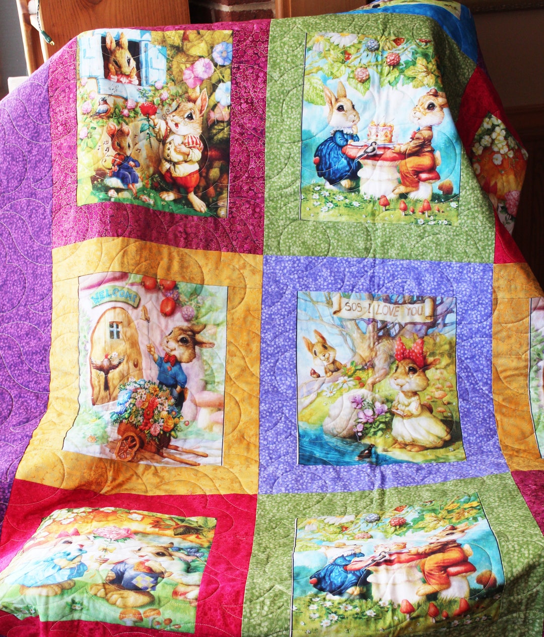 Handmade Quilt Hoppy Bunnies, Spring and Easter Bedspread, Bunnies With ...