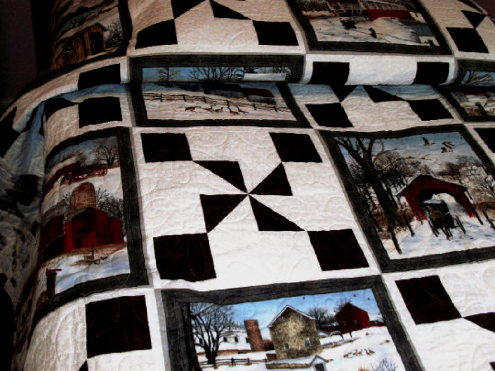 Barn & Covered Bridges Quilt, Farm Life Bedspread, Lovely Quilt, Winter ...