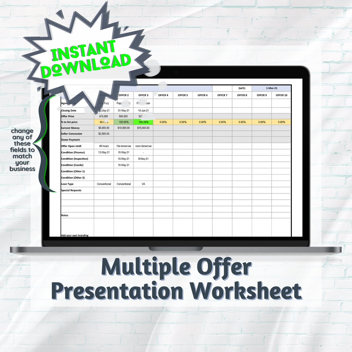 Multiple Offer Presentation Worksheet Real Estate Etsy