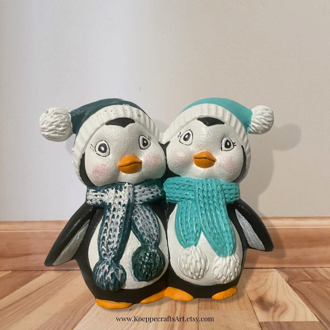 Hand Painted Cute Penguin Family Ceramic Sculpture - Winter Decor for ...