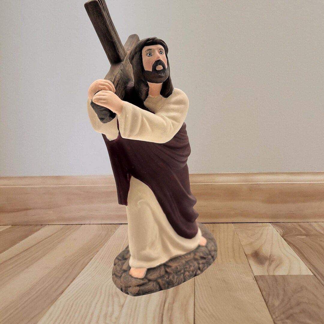 Hand Painted Ceramic Jesus Figurine Carrying Cross - Christian Home ...
