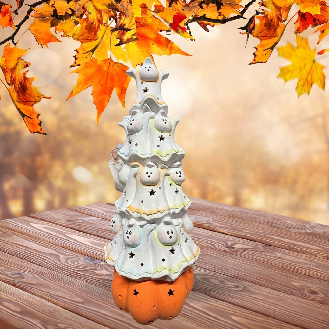 Charming Handcrafted Ghosts on Tree With Pumpkin - Autumn Halloween ...