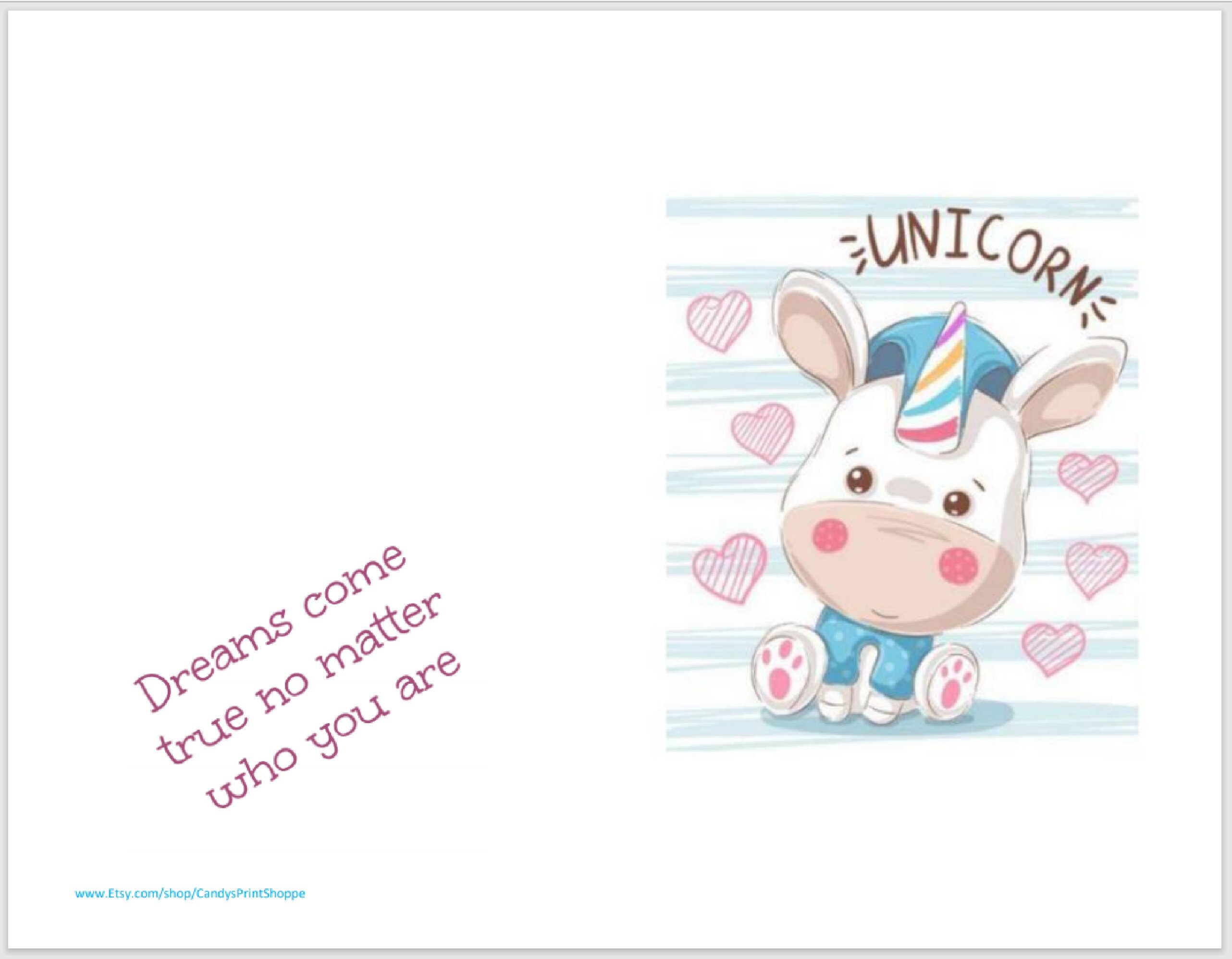 Dreams Come True Unicorn Printable Card, Greeting Card, Birthday Card ...