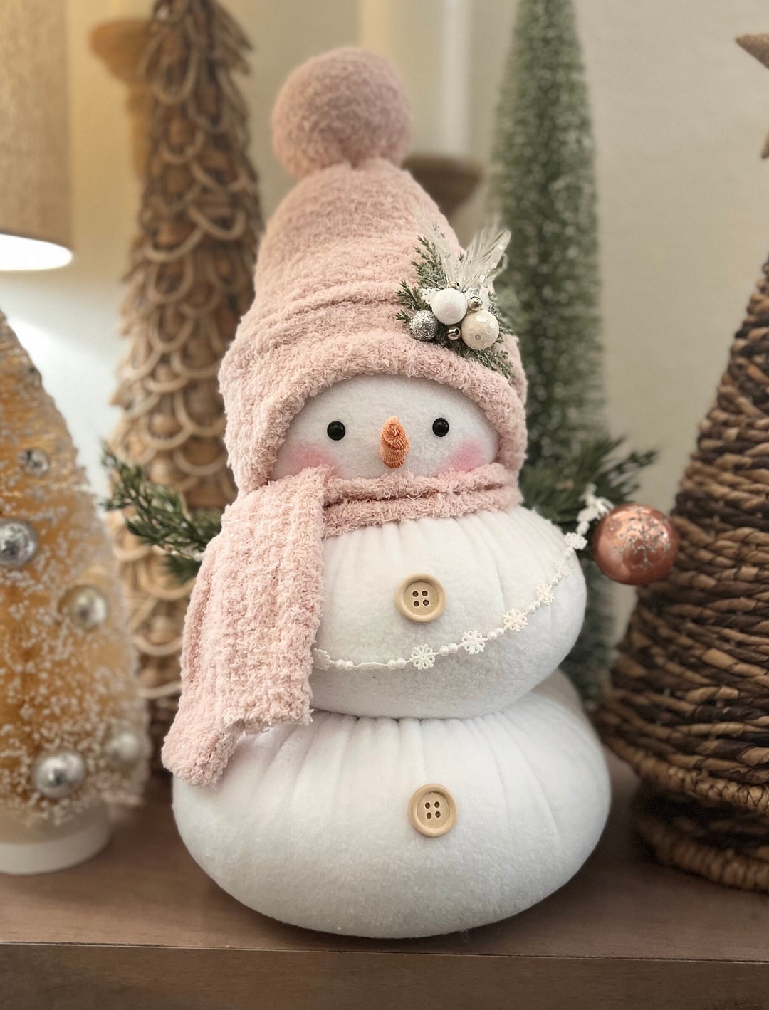 Handmade Fleece Snowman, Pastel Pink With Beaded Garland and Christmas ...