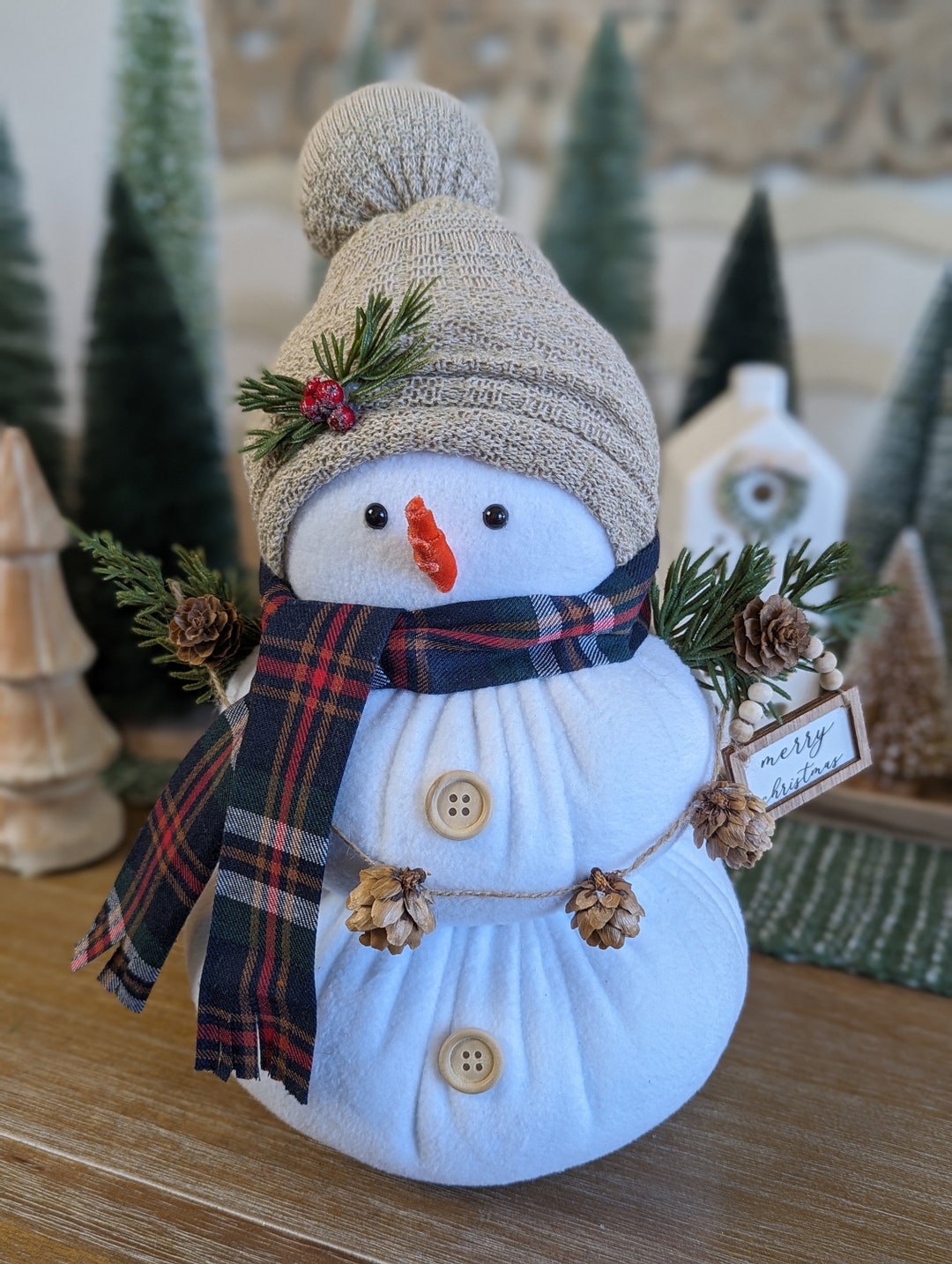 Handmade Snowman With Plaid Scarf, Pinecone Garland, and "merry ...