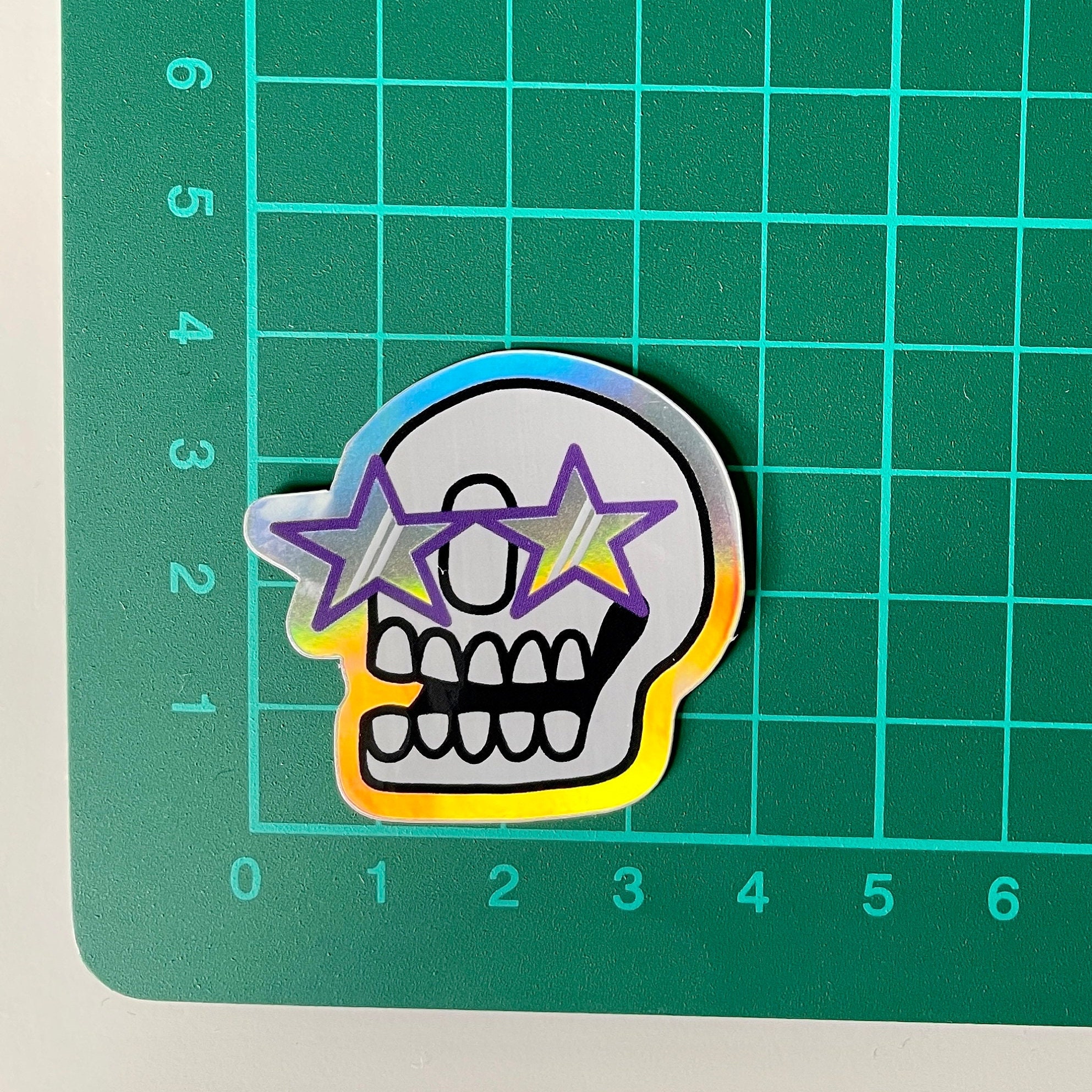 Star shades nerdy skull holographic rainbow sticker — drawingskulls