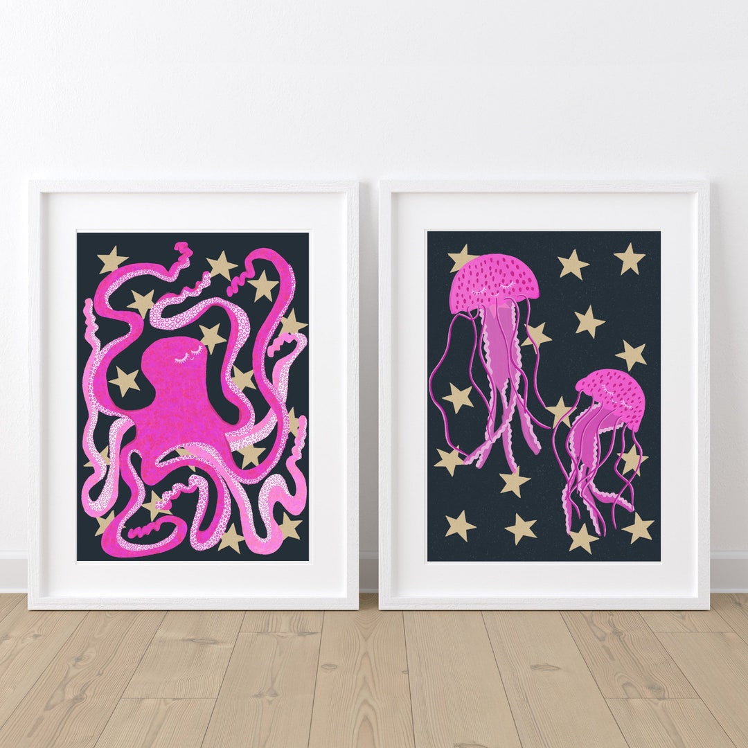 Pink Sea Creatures Jellyfish and Octopus Colourful Wall Art - Set of 2 ...