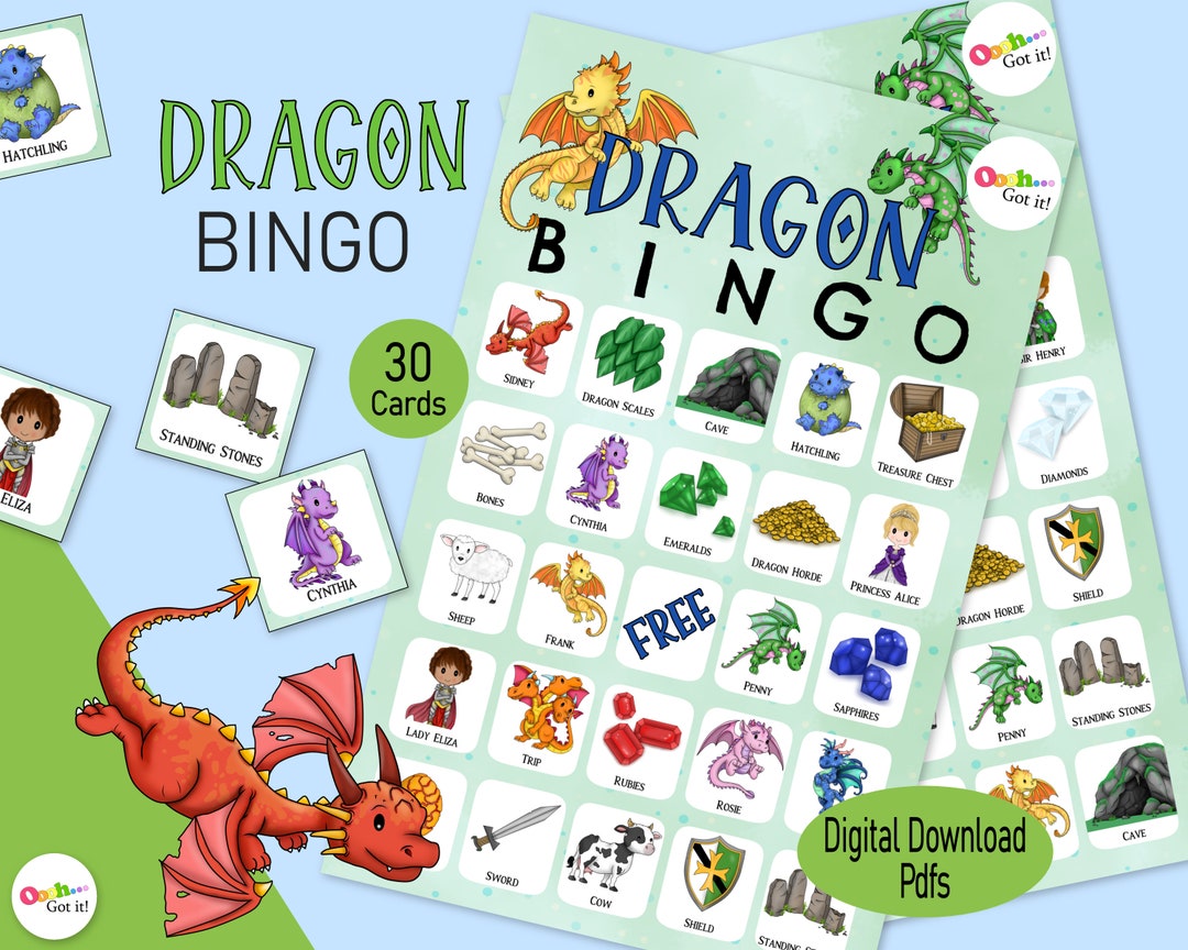 Dragons Bingo, 30 Printable Bingo Cards, a Fantasy Dragon & Medieval ...