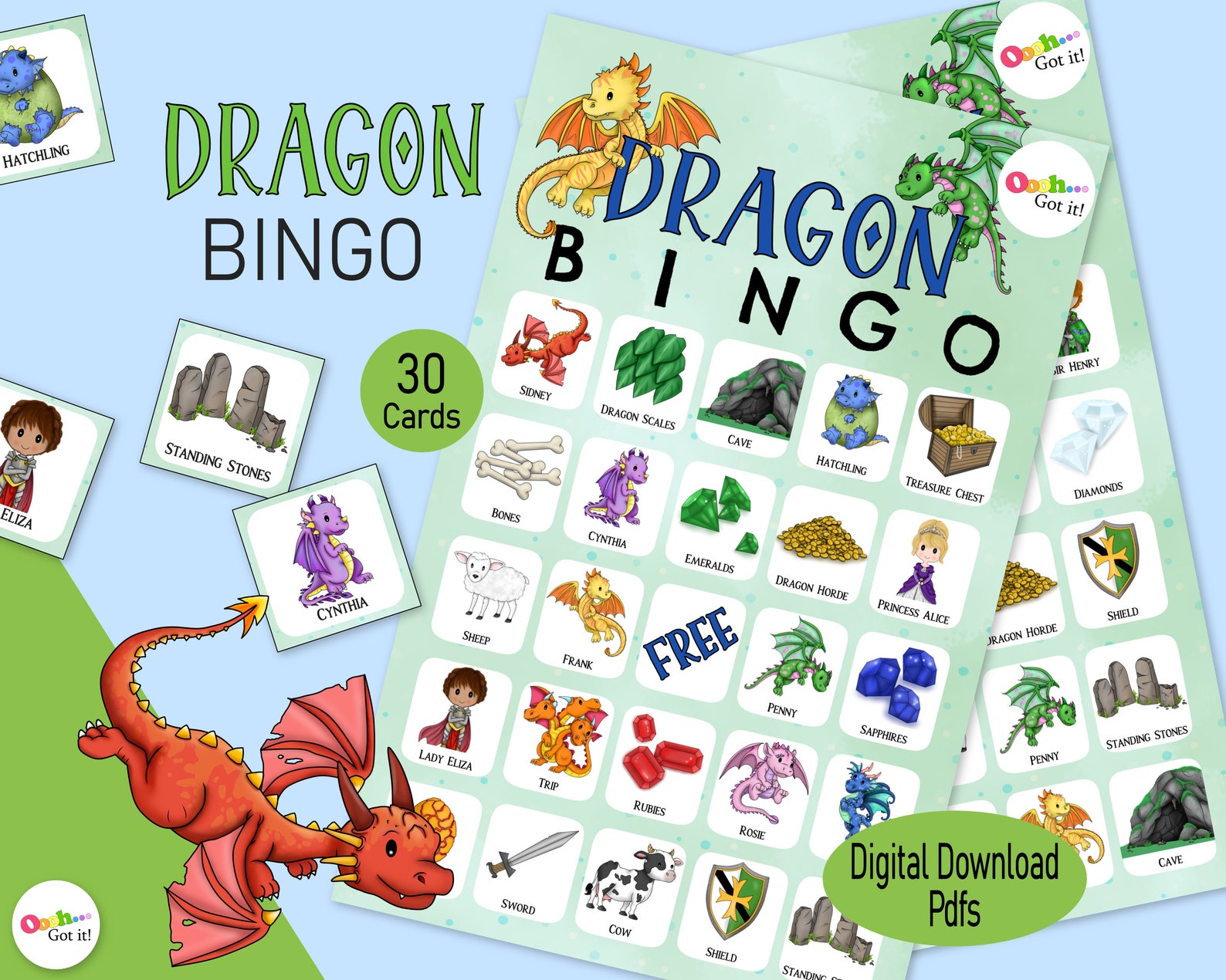 Dragons Bingo, 30 Printable Bingo Cards, a Fantasy Dragon & Medieval ...