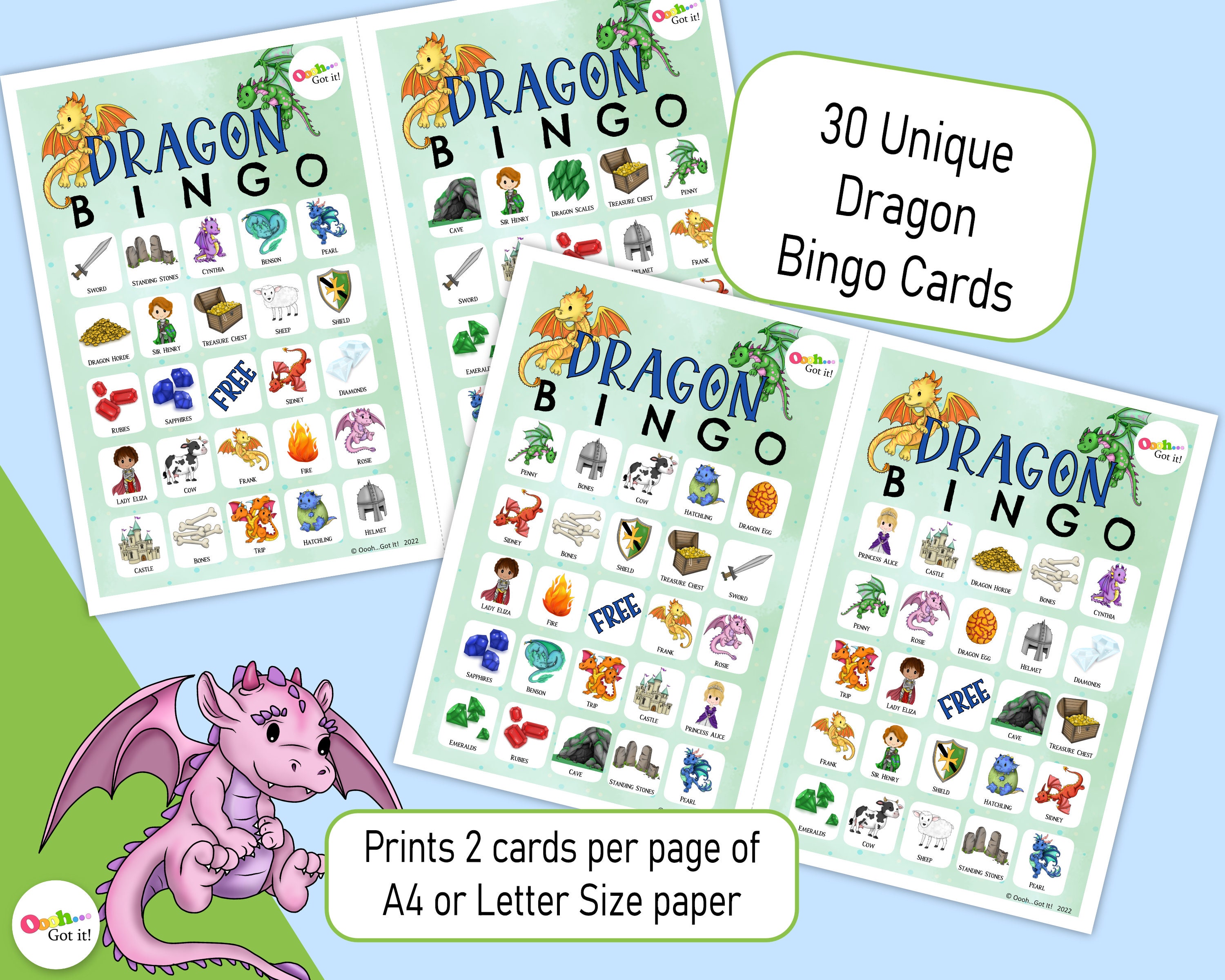 Dragons Bingo, 30 Printable Bingo Cards, a Fantasy Dragon & Medieval ...